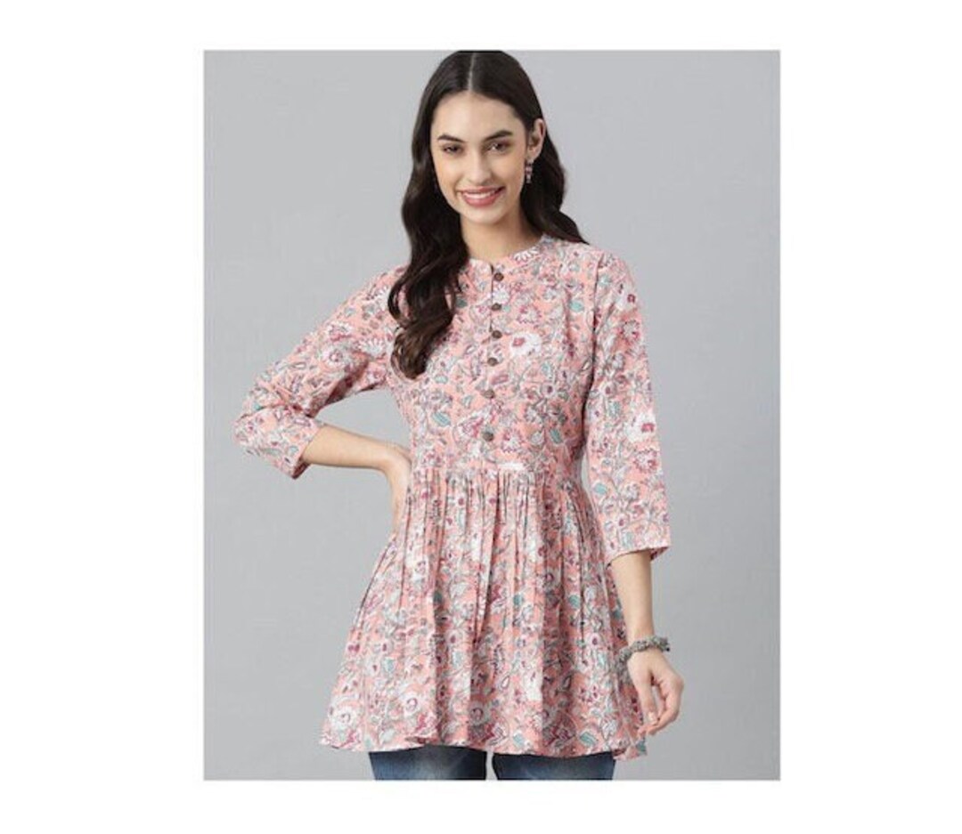 Floral Pink Short Tunic Top, Kurti for Women, Short Kurti ,top Summer ...
