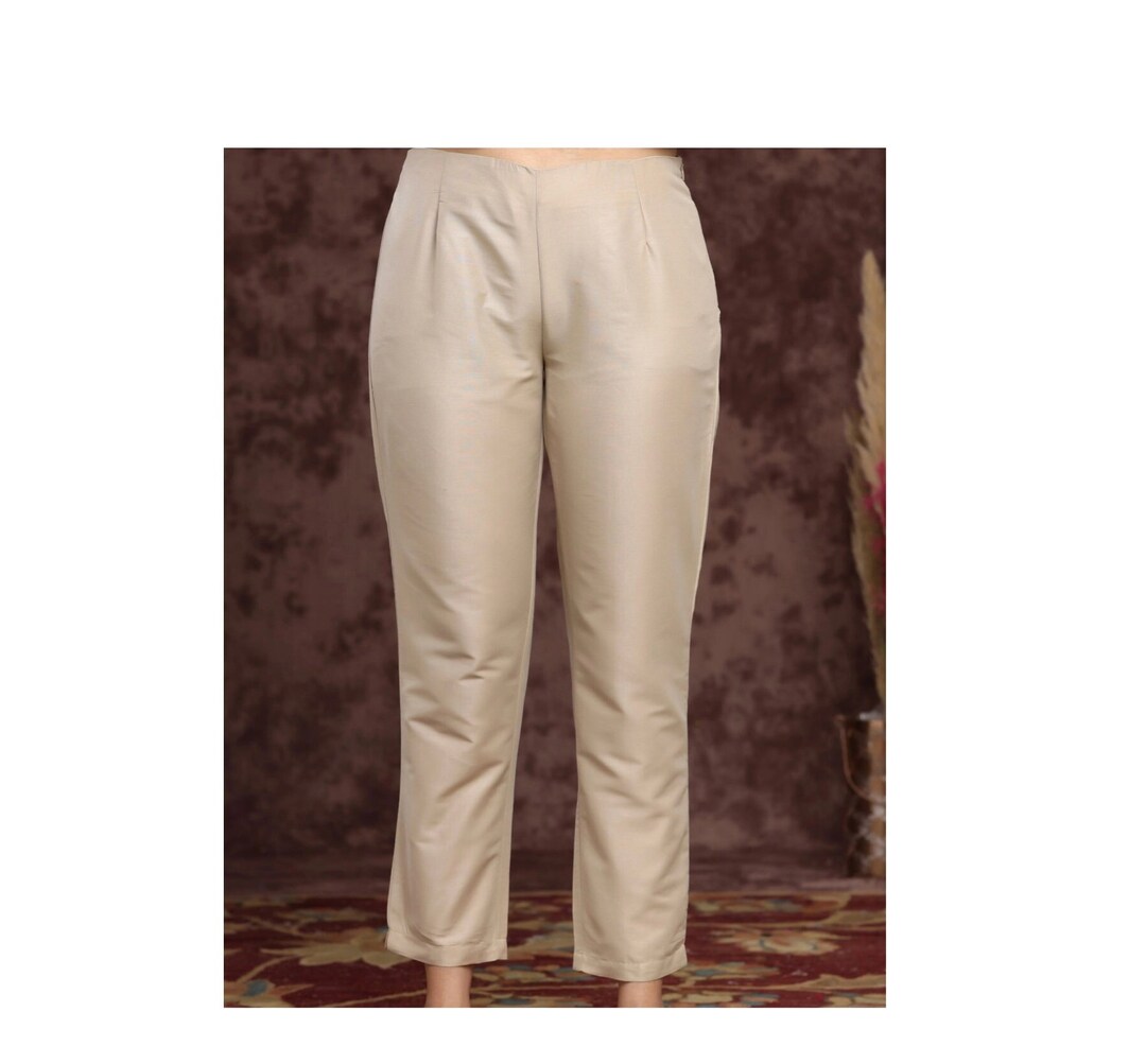 Sand Grey Poly Silk Slim Fit Trousers, Bottoms, Smart Tousers, Kurti ...