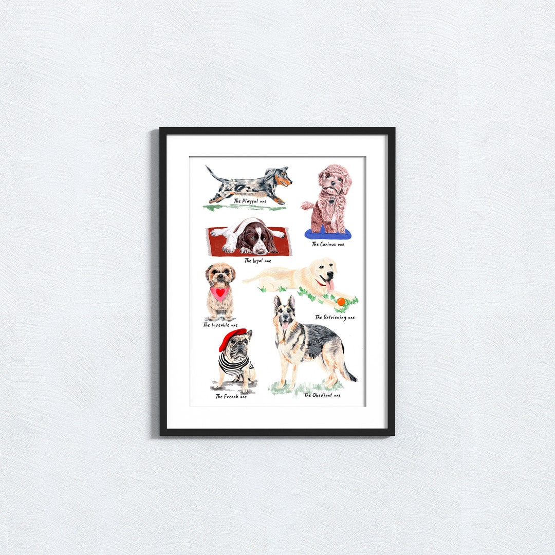 Dog Breeds Art Print, Handpainted Dogs Wall Art, Dog Illustrations Wall ...