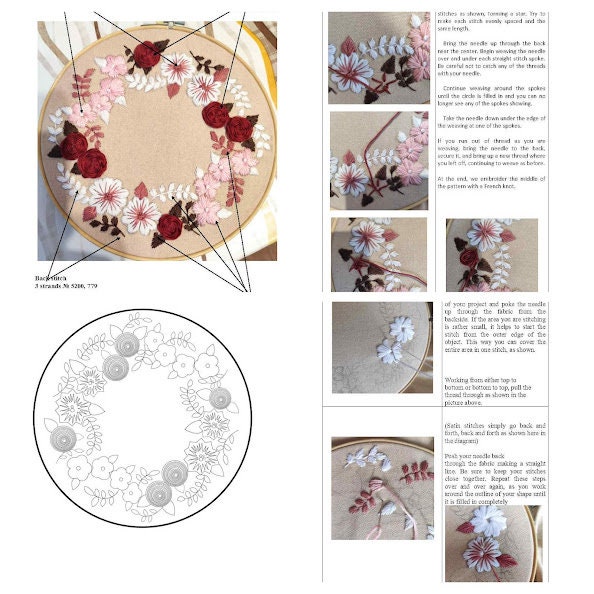 Red Wreath Embroidery Pattern, Pink Flowers Embroidery Pattern PDF ...
