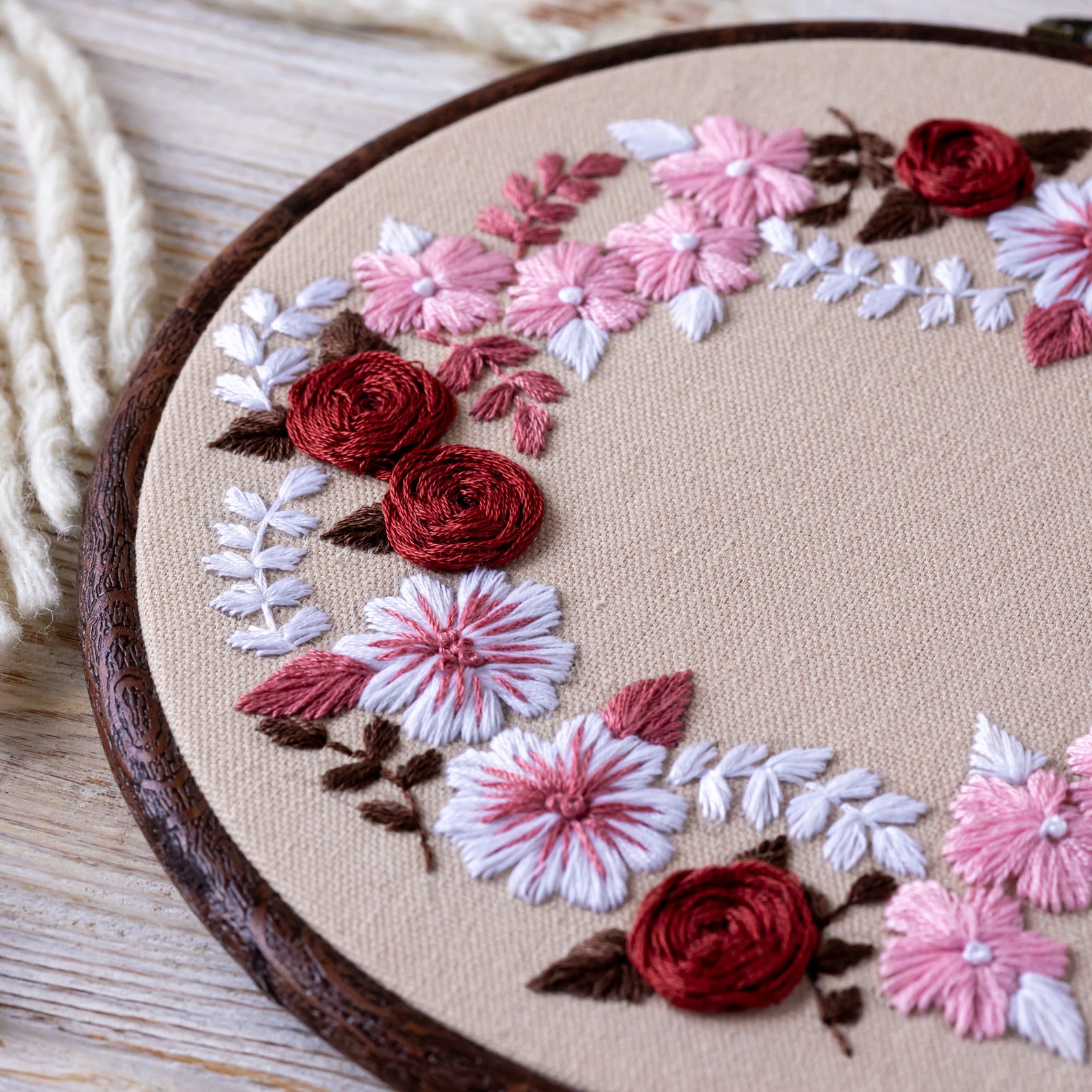 Red Wreath Embroidery Pattern, Pink Flowers Embroidery Pattern PDF ...