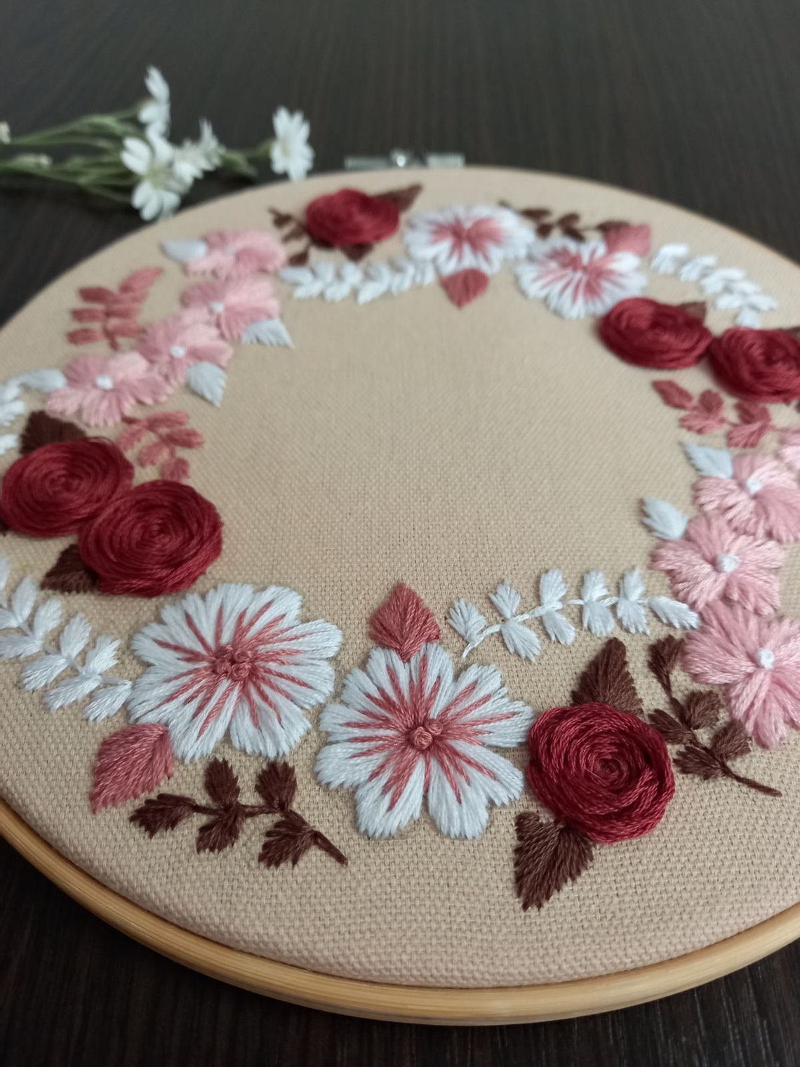 Red Wreath Embroidery Pattern Pink Flowers Embroidery Pattern - Etsy