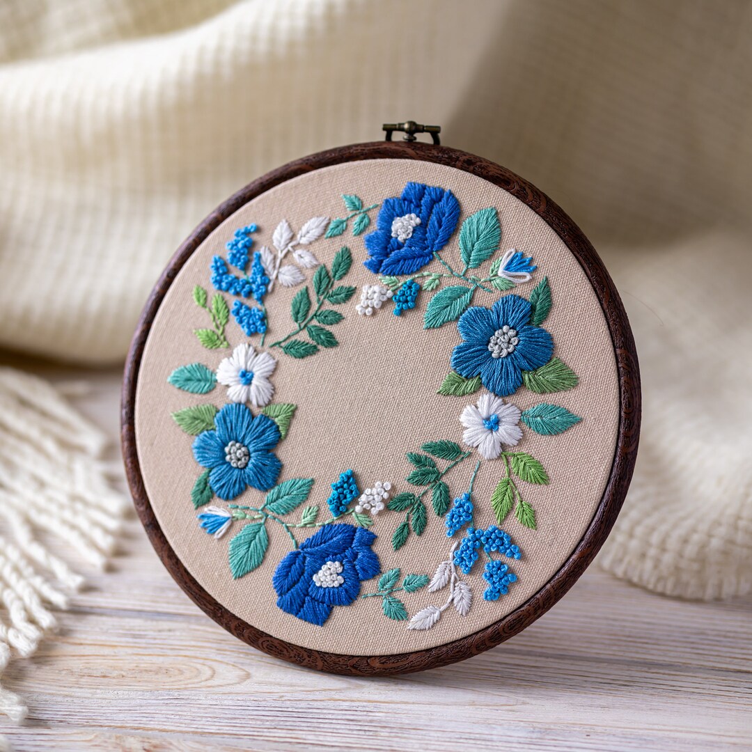 Blue Embroidery Kit, Custom Embroidery Pattern, Summer Wreath DIY, Home ...