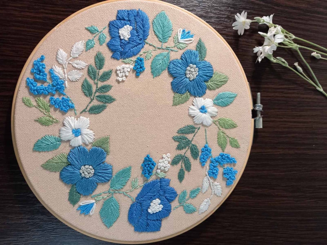 Blue Flowers Embroidery Pattern, Easy Embroidery Diy, Floral Embroidery ...
