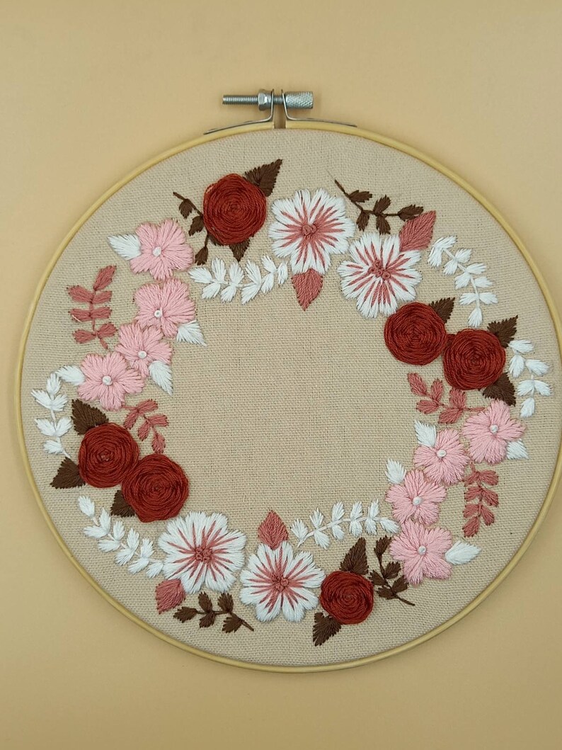 Red Wreath Embroidery Pattern Pink Flowers Embroidery Pattern - Etsy