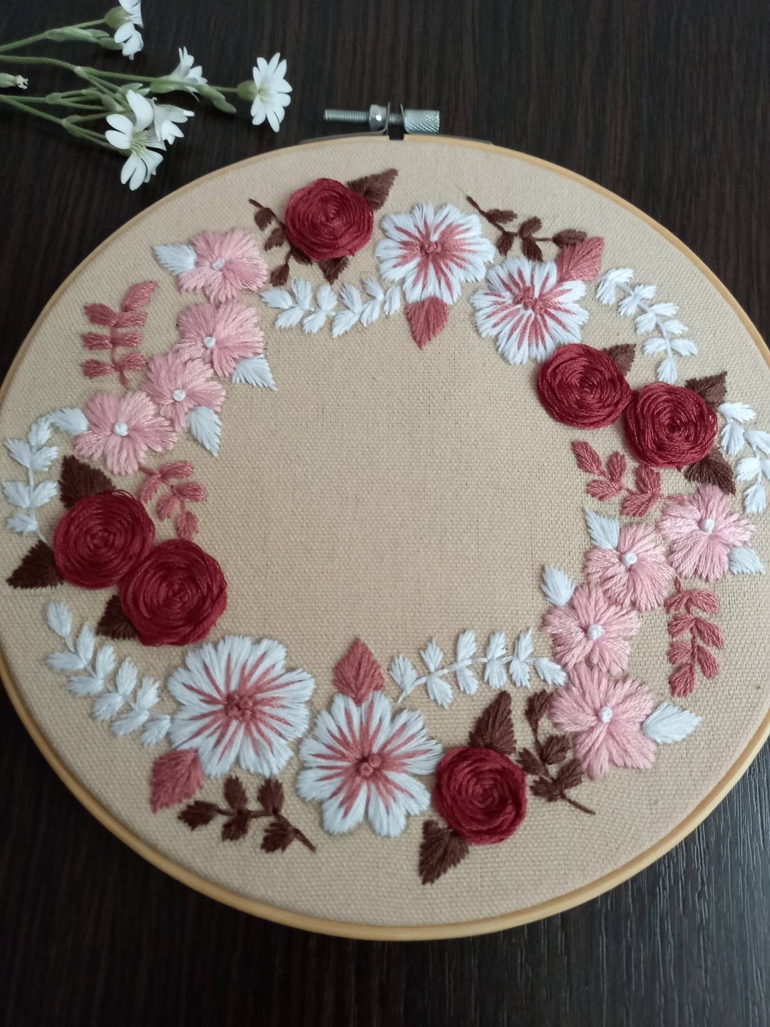 Red Wreath Embroidery Pattern Pink Flowers Embroidery Pattern - Etsy