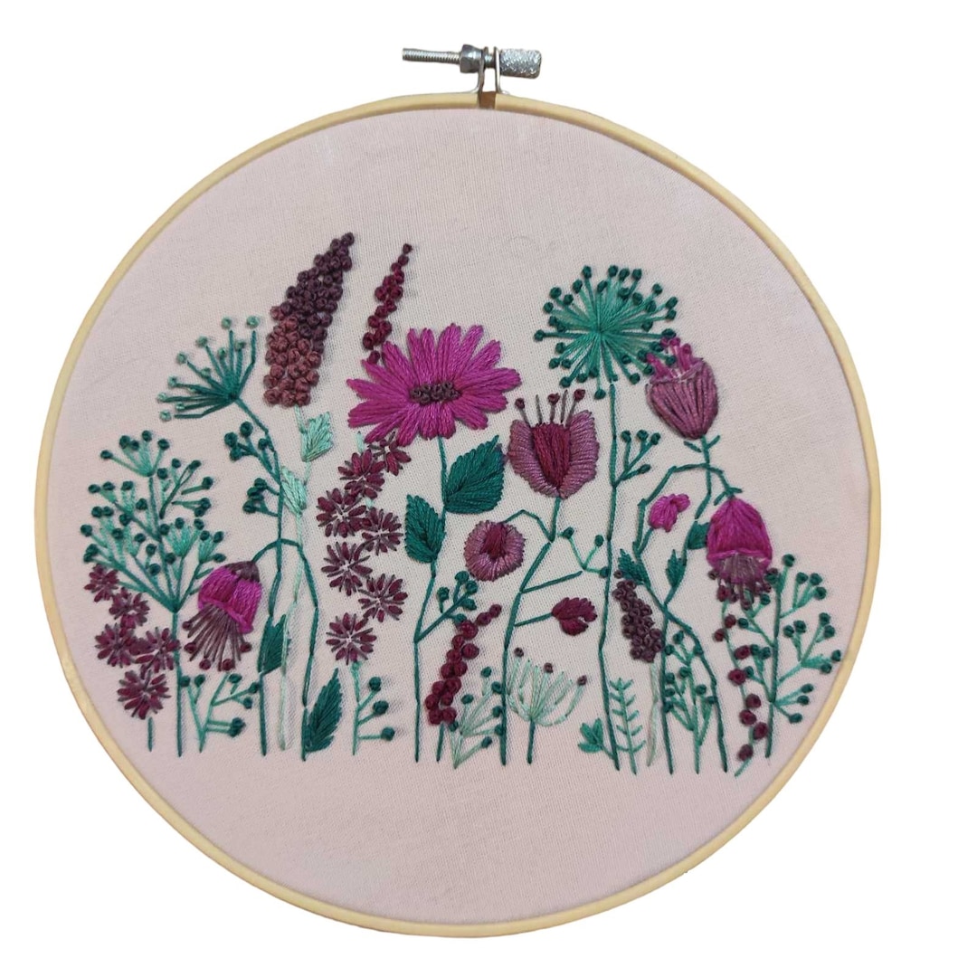 Wildflowers Meadow Embroidery Pattern, Burgundy Garden Flower Pattern ...