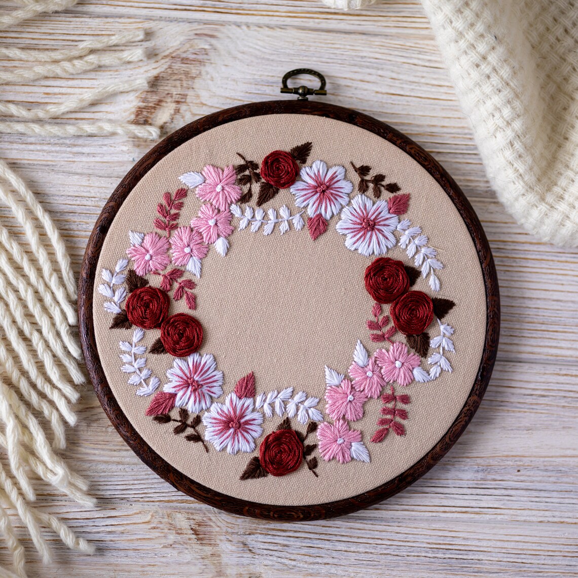 Red Wreath Embroidery Pattern, Pink Flowers Embroidery Pattern PDF ...