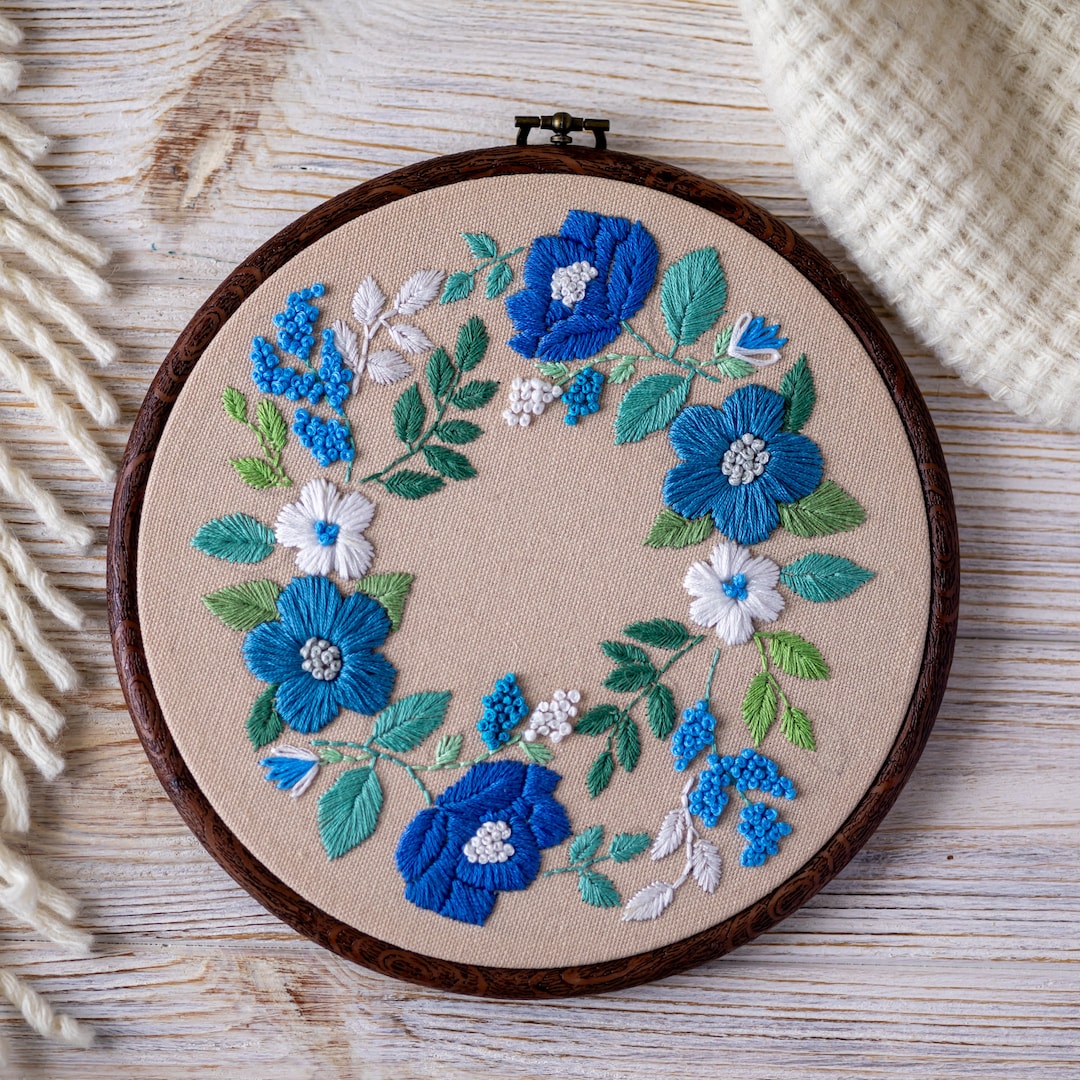Blue Flowers Embroidery Pattern, Easy Embroidery Diy, Floral Embroidery ...