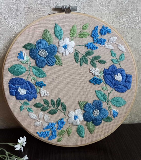 Blue Flowers Embroidery Pattern Easy Embroidery Diy Floral - Etsy