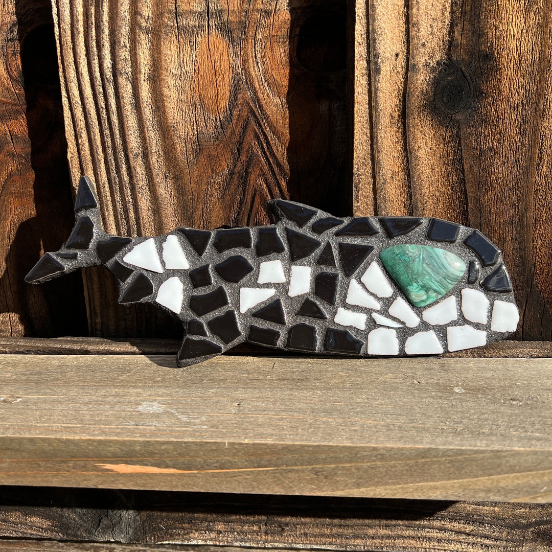 Mosaic Orca Whale and Jade Green Striated Agate Cabochon Gemstone ...
