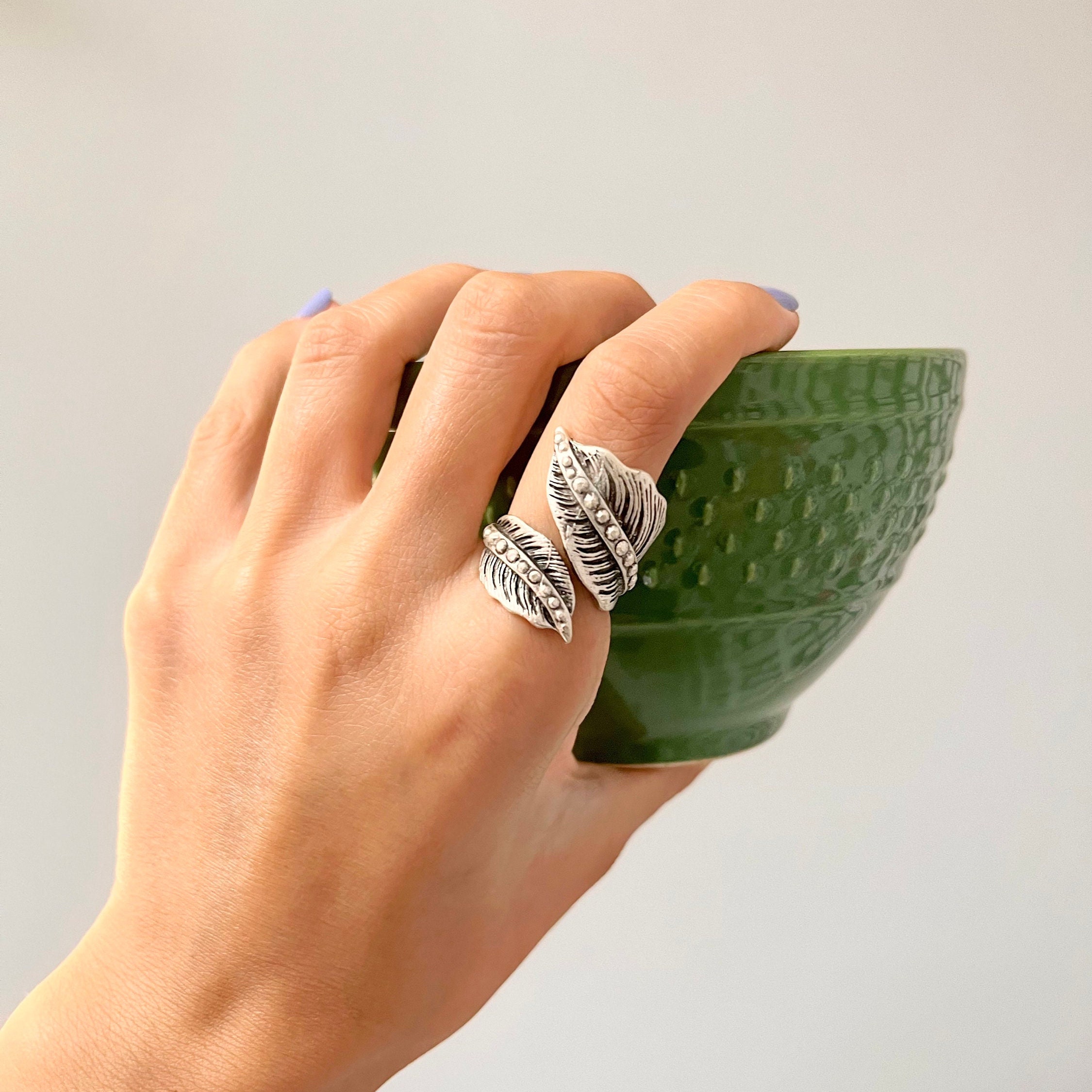 Silver Leaf Ring, Wide Feather Ring, Full Finger Ring, Antique Silver Feather Ring, Long Silver ...