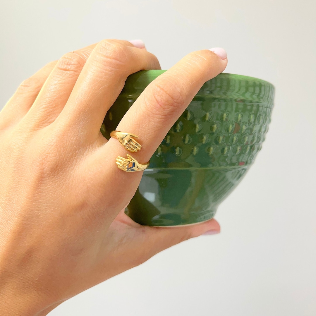 Hugging Hand Ring, Elegant Hand Ring, Hand Forged Ring, Gold Tone Hand ...