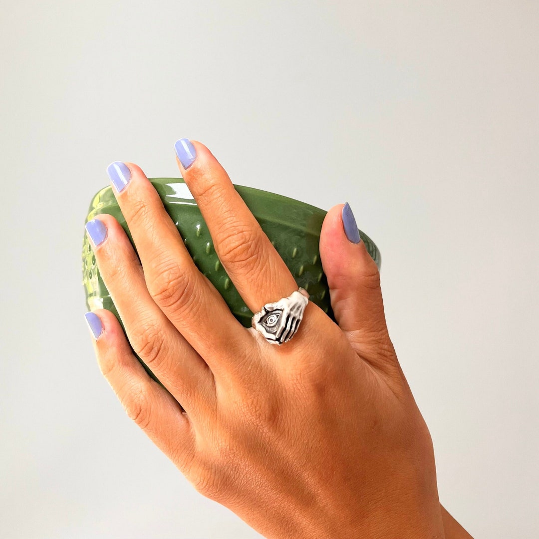 Eye Ring, Signet Ring, Eye and Hand Ring, Silver Plated Evil Eye Ring ...