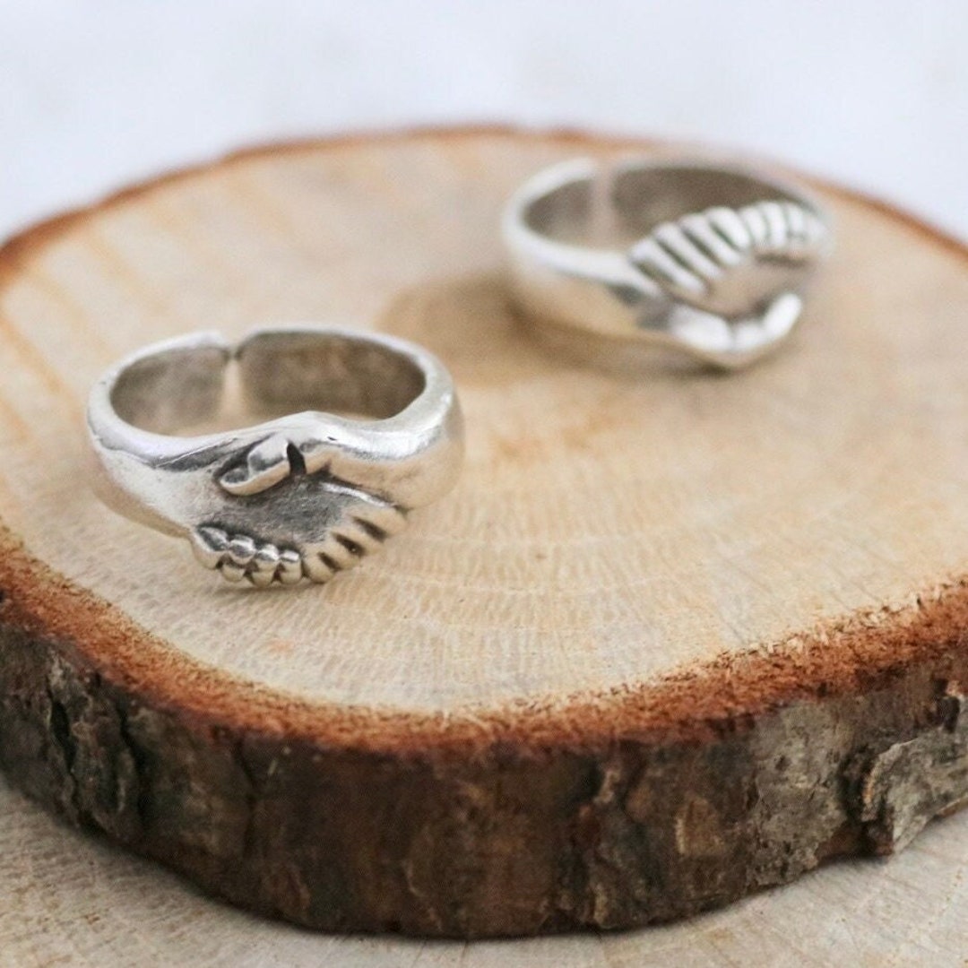 Handshake Brass Ring, Shaking Hands Ring, Silver Handmade Ring, Hugging ...