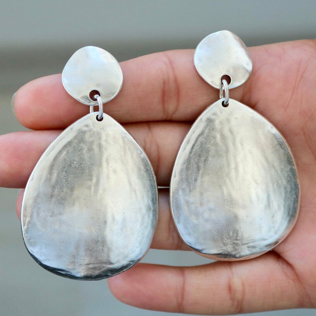 Large Silver Teardrop Earrings, Silver Drop Stud Earrings, Long Geometric Earrings, Statement ...