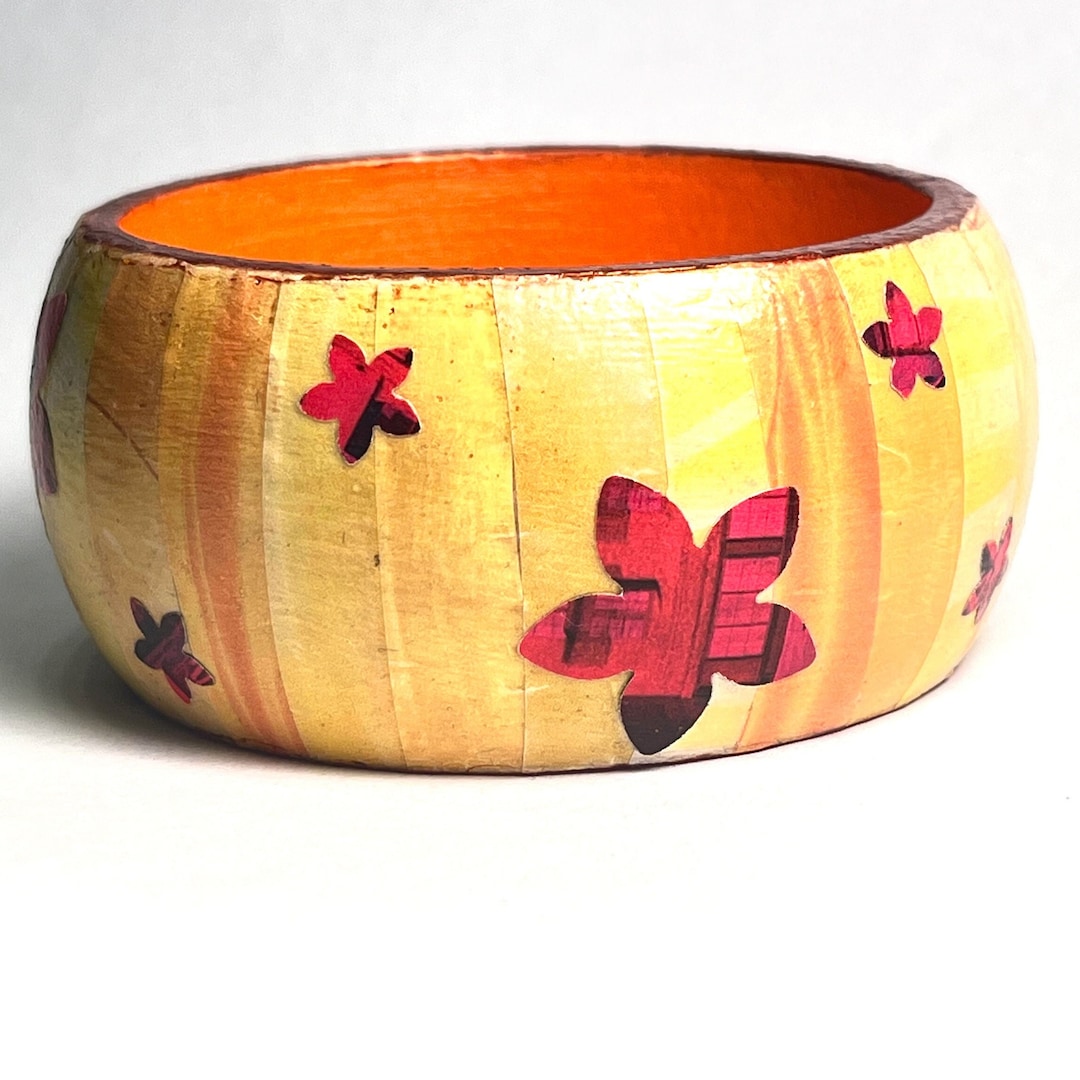 Wood Bangle With Collage Paper Overlay, Yellow With Pink Flowers - Etsy