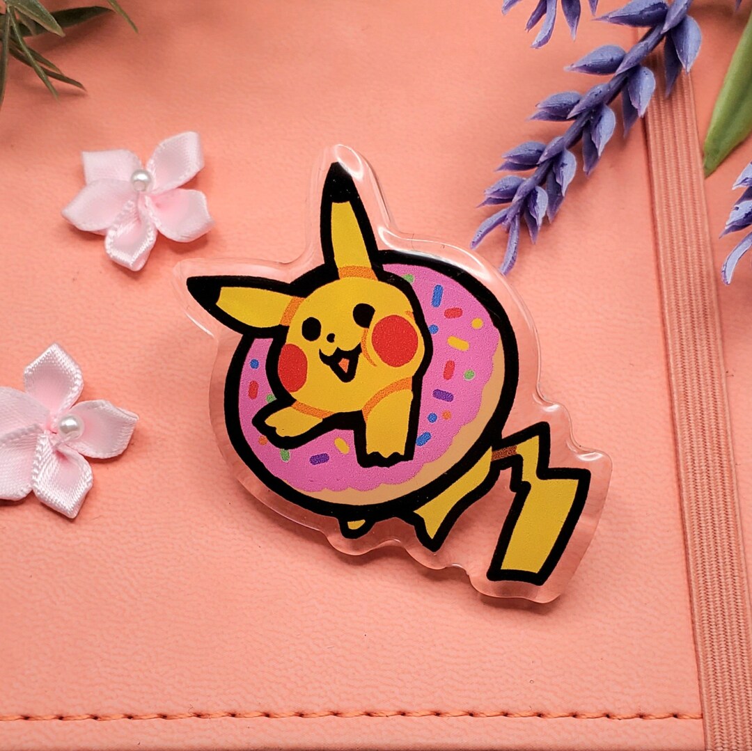 Donut Pikachu Acrylic Pin | Strawberry Flavor | Pink Heart Rubber Back ...