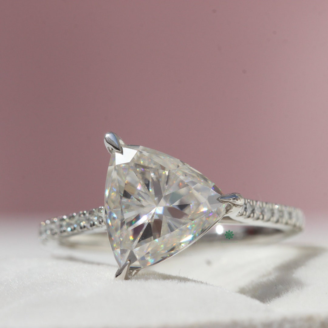 Trillion Cut CZ Solitaire Ring: 14k White Gold Accent Bridal Ring - Etsy