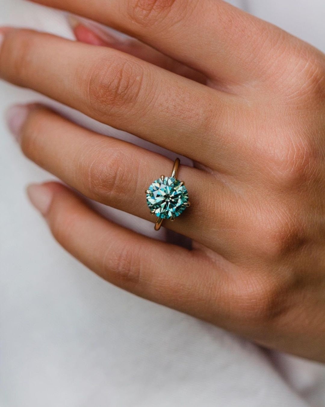 Cyan Blue Moissanite Solitaire Ring: 10K Gold Hidden Halo Engagement ...