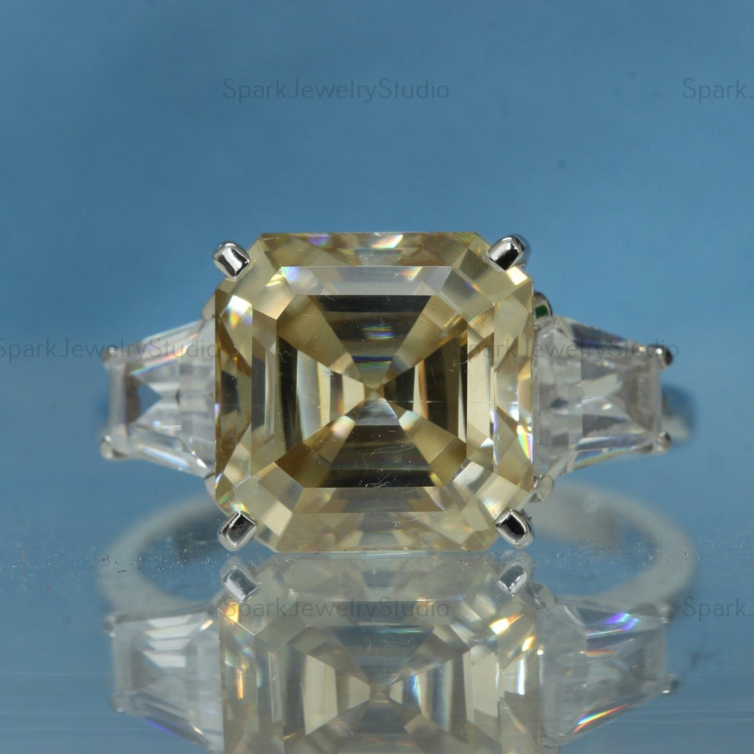 Three-stone Champagne Yellow Moissanite Engagement Ring, 14K Rose Gold ...