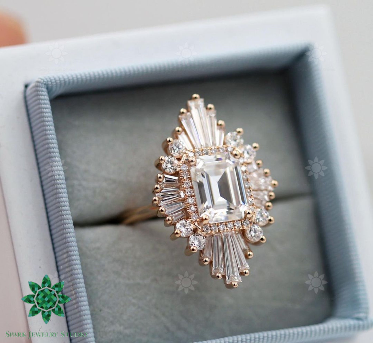 Sunburst Halo Emerald Cut Moissanite Diamond Engagement Ring - Etsy