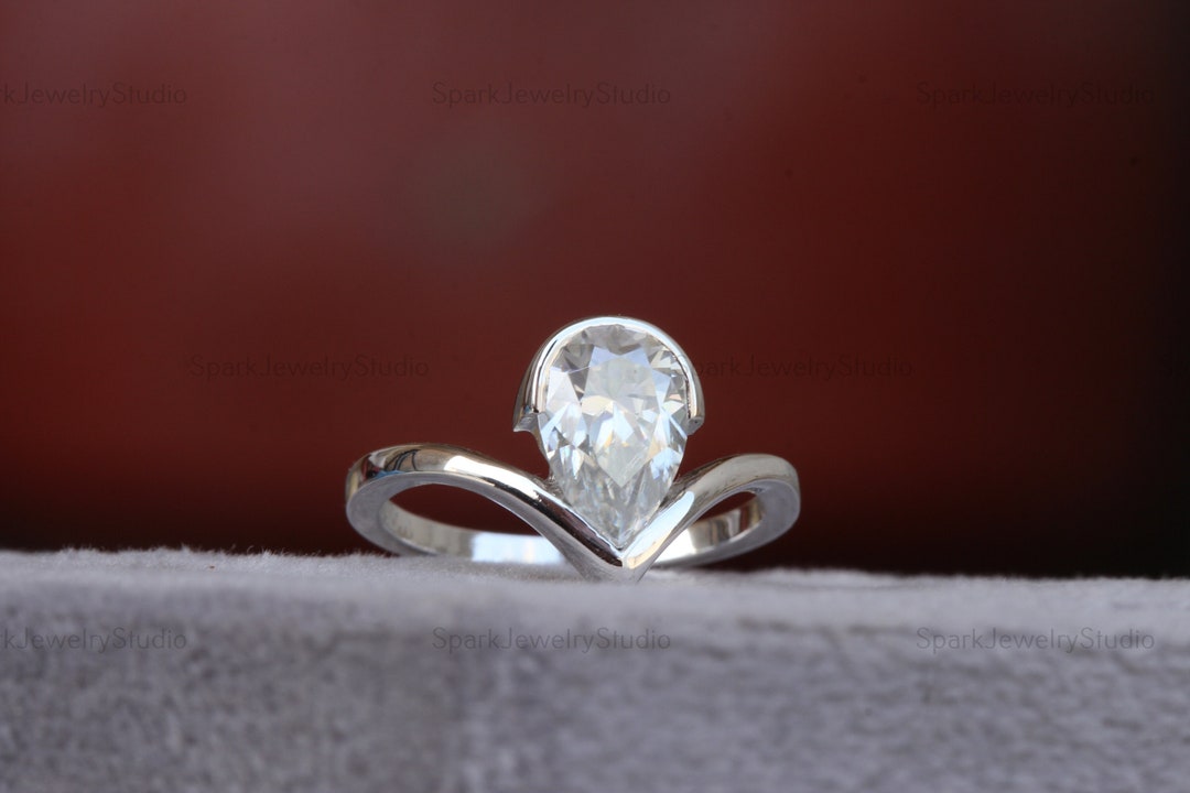 Pear Cut Half Bezel Set Moissanite Ring, Pear Solitaire Engagement Ring ...