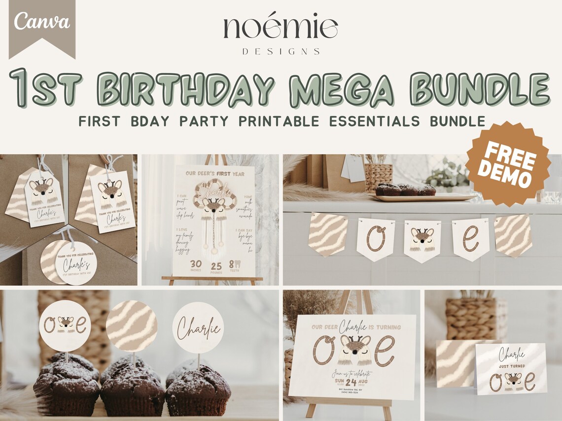 Editable First Birthday Printable Bundle, Macrame Collection DEER ...