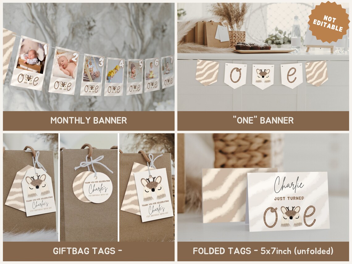 Editable First Birthday Printable Bundle, Macrame Collection DEER ...