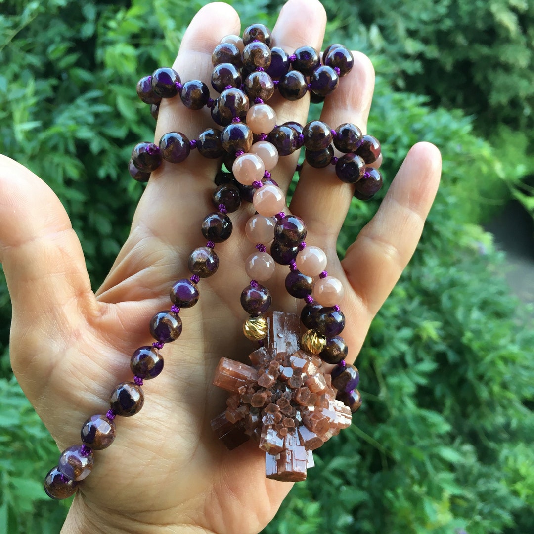 Sun Stone & Variscite 108 Beads Mala | Raw Aragonite Quartz Pendant ...
