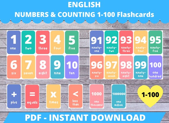 English Numbers 1 to 100 Counting Flashcards Printable - Etsy