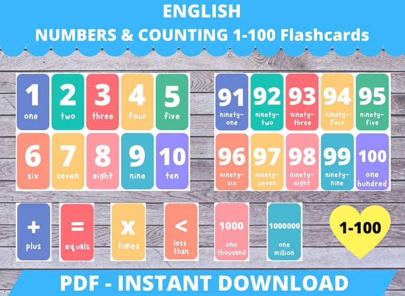 English Numbers 1 to 100 Counting Flashcards Printable, Counting ...