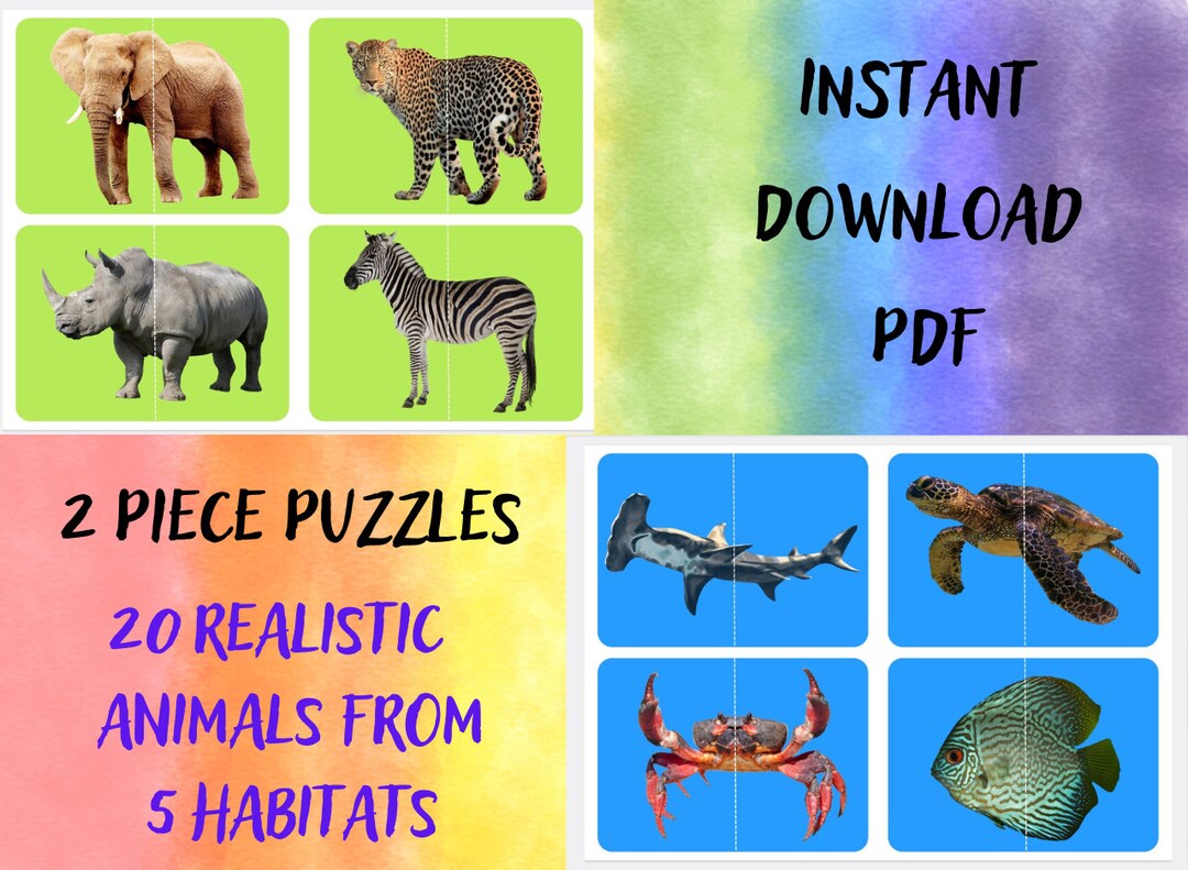 Animals Prtintable PDF Realistic 2 Piece Puzzle Game for Kindergarten ...