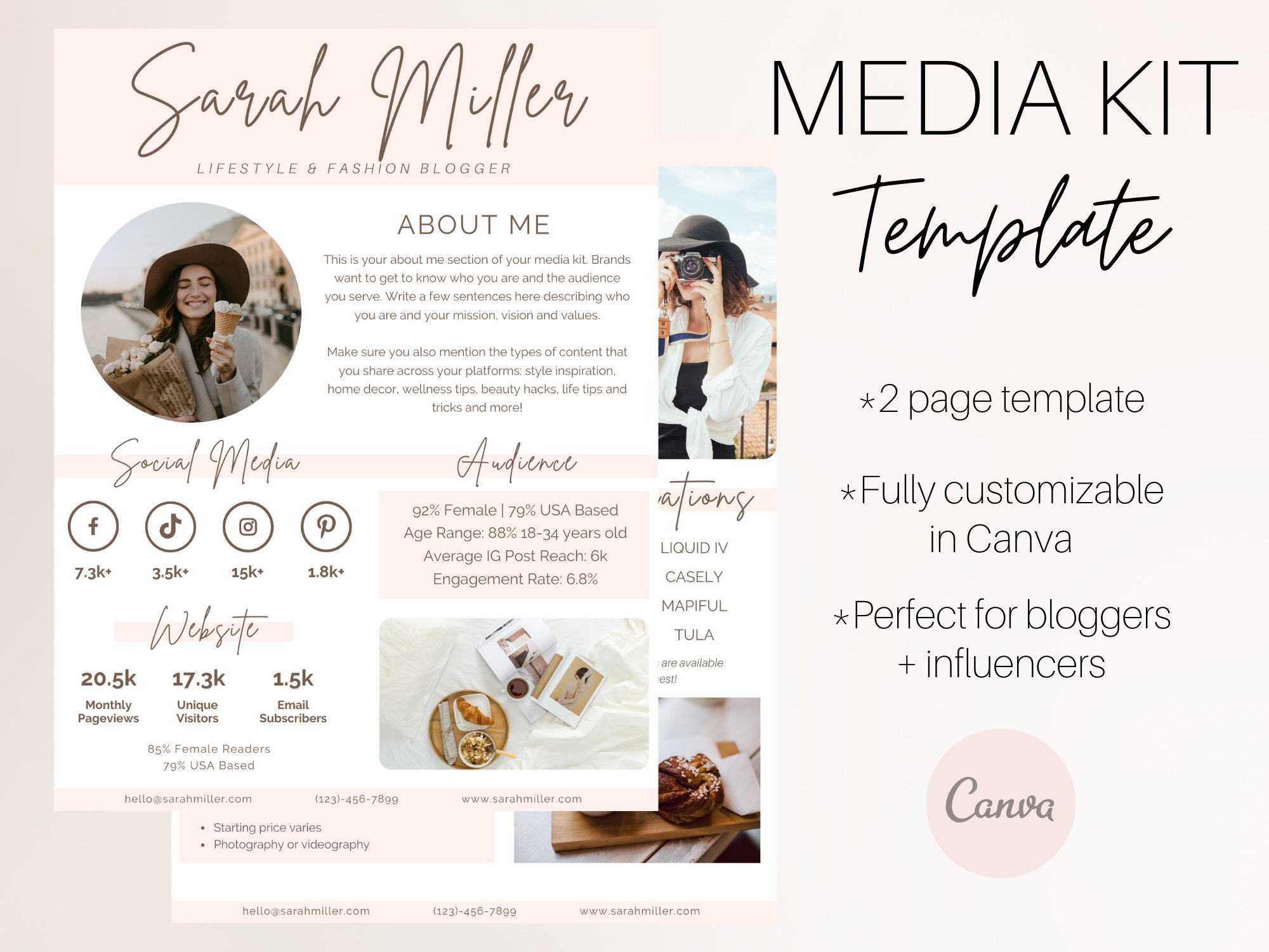 2 Page Media Kit Template Canva - Influencer Media Kit - Press Kit - Blogger Media Kit - Canva ...