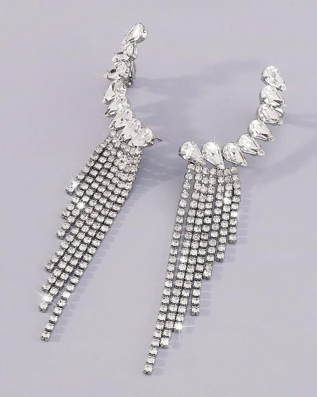 Glamorous Rhinestone Crystal Long Tassel Earrings For Woman Bridal Drop