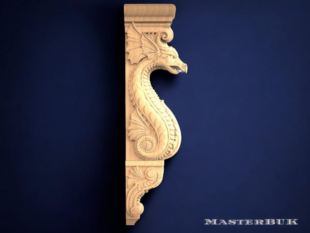 Mythical Sea Dragon Wood Corbel – Hand-carved Nautical Fantasy Bracket ...
