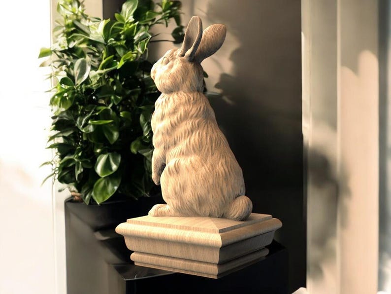 Rabbit Statue of Wood, Rabbit Wooden Finial for Staircase Newel Post ...
