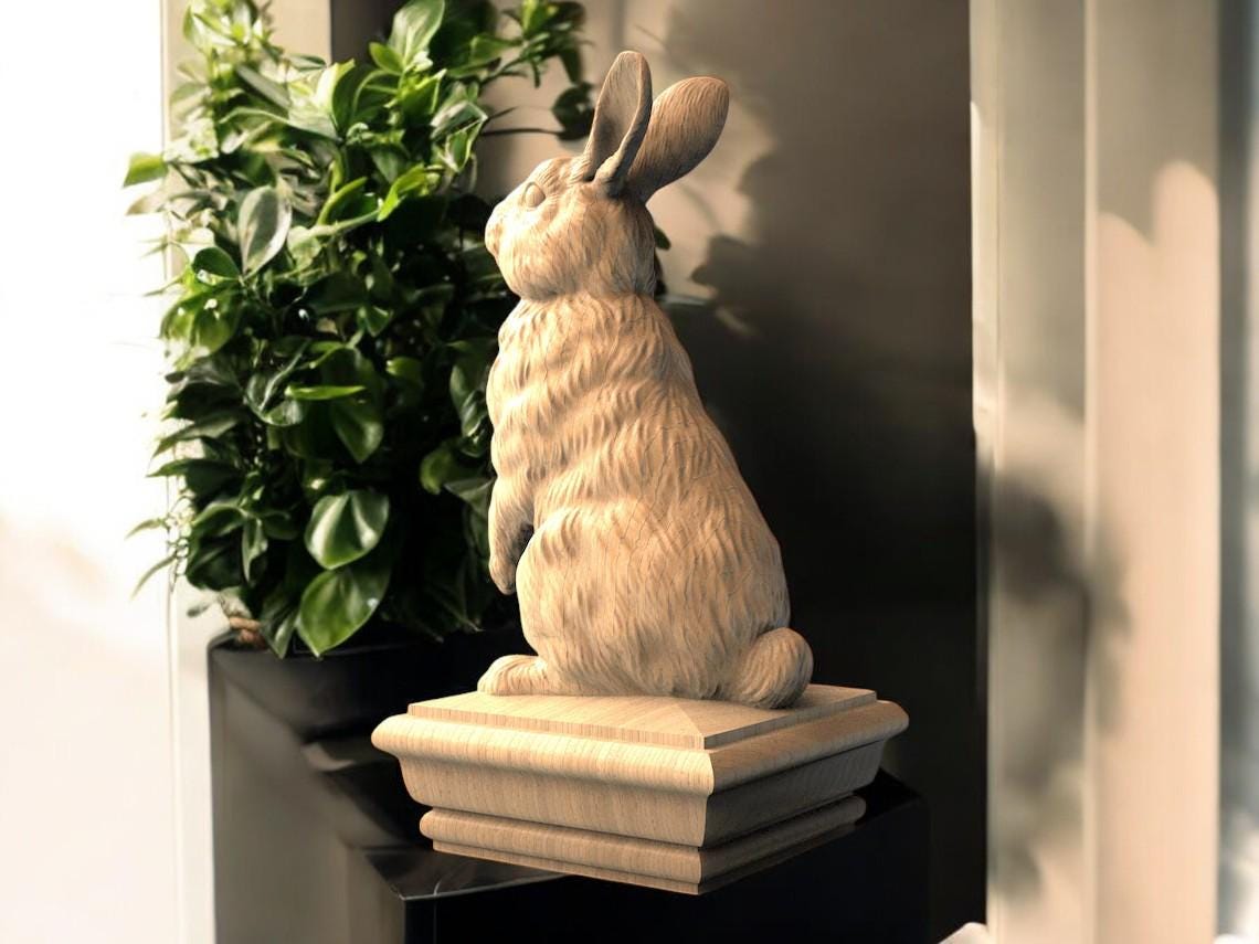 Rabbit Statue of Wood, Rabbit Wooden Finial for Staircase Newel Post ...