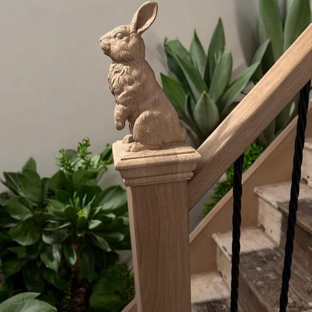 Rabbit Statue of Wood, Rabbit Wooden Finial for Staircase Newel Post ...