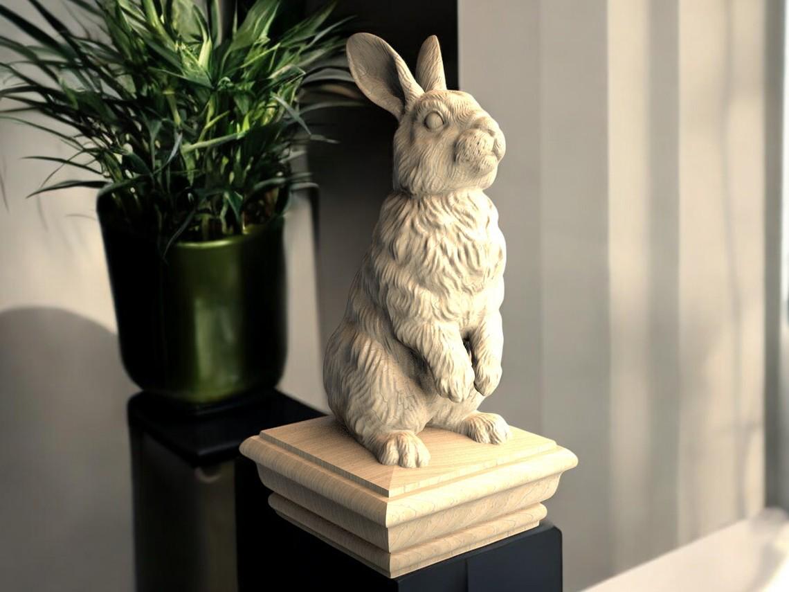 Rabbit Statue of Wood, Rabbit Wooden Finial for Staircase Newel Post ...