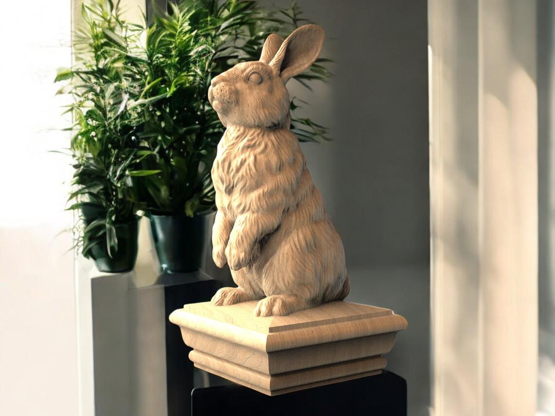 Rabbit Statue of Wood, Rabbit Wooden Finial for Staircase Newel Post ...
