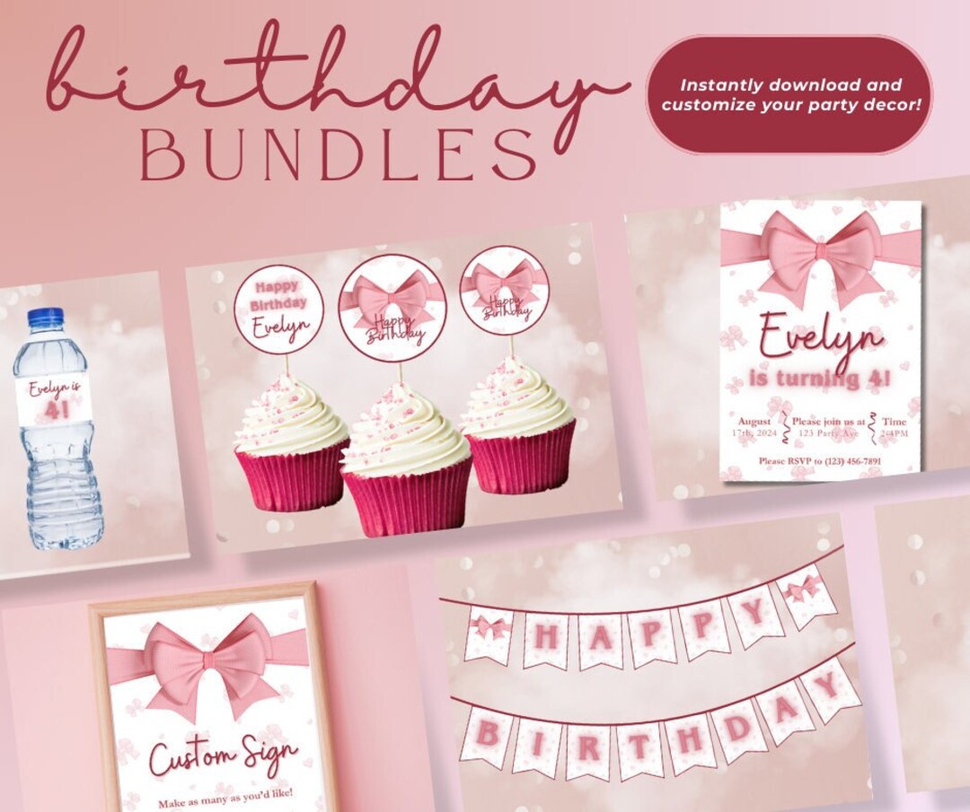 Pink Bow Themed Birthday Invitation Bundle | Pink Bow Birthday Party ...