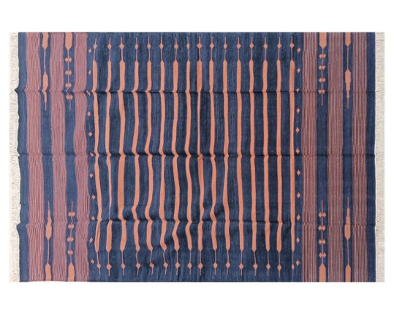 Blue and Pink Cotton Handmade Modern Stripes Rug, Large Extra Rug ...