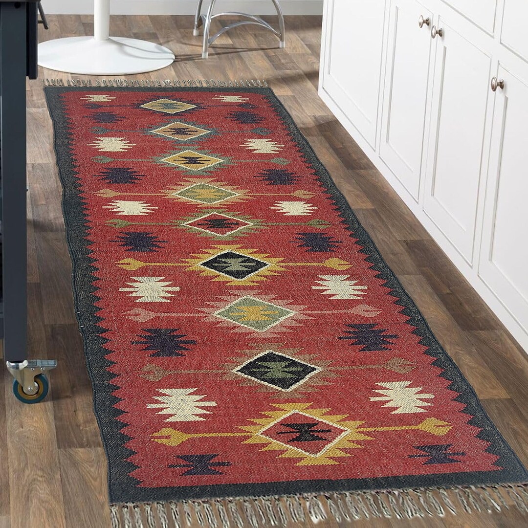 Red 2.4x8 Ft Long Runner Kilim Handmade Wool Jute Dhurrie Runner Kilims ...