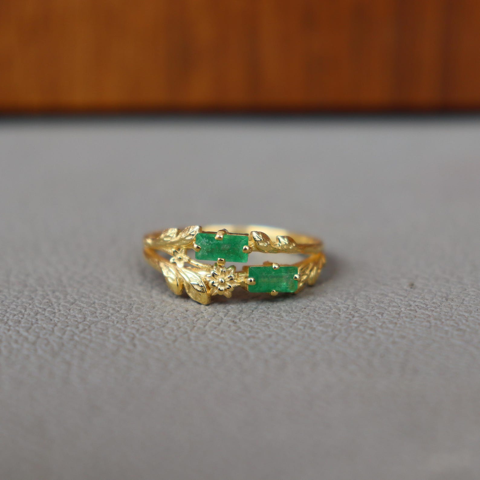 Natural Green Jade Baguette Ring, 14K Gold Plated Twing Ring, Jade ...
