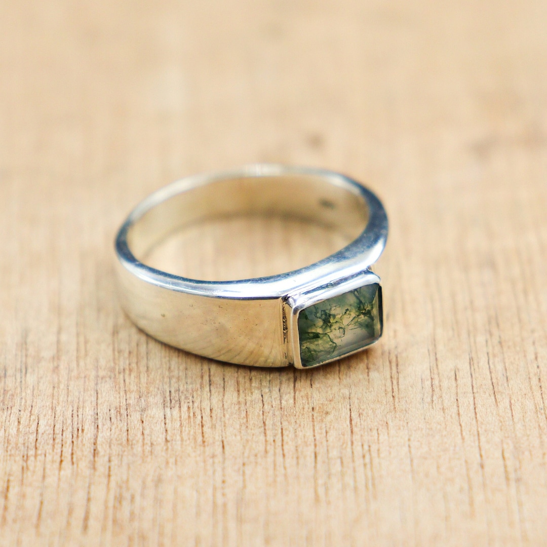 Genuine Moss Agate Ring, Men's Signet 925 Sterling Silver Ring, Emerald ...