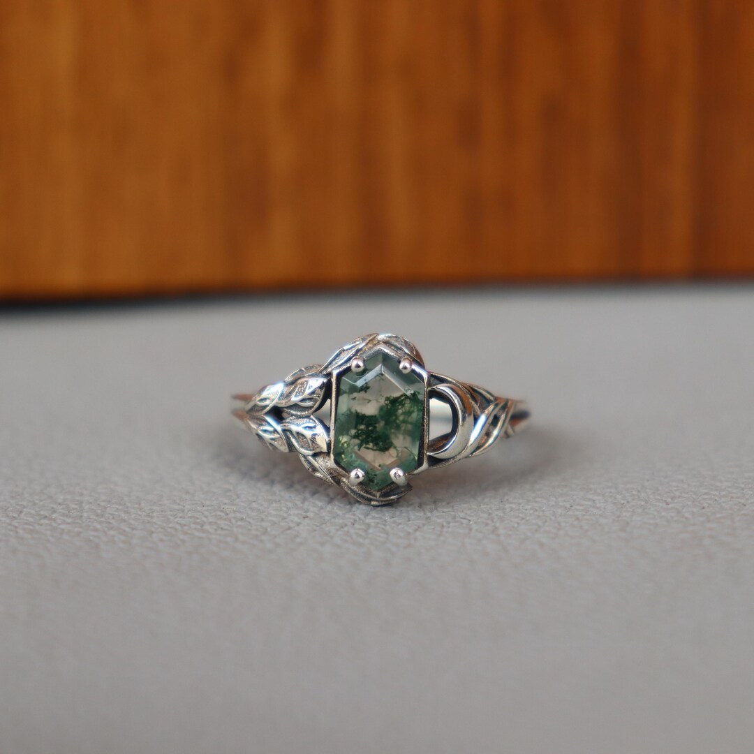 Genuine Hexagon Moss Agate Ring, Tree Leaves Ring, 925 Sterling Silver ...