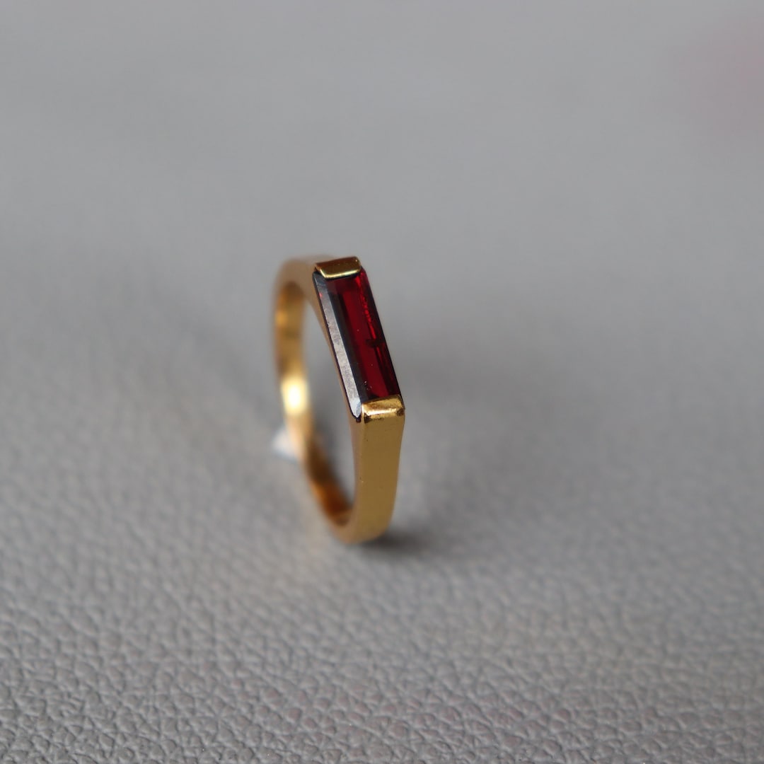 Natural Garnet Rectangle Bar Ring, 18K Gold Filled 925 Sterling Silver ...