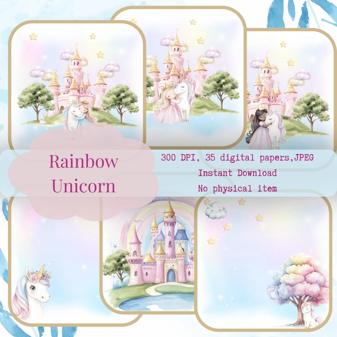 Rainbow Unicorn Scrapbook Digital Paper – Fairy Storybook Backgrounds ...