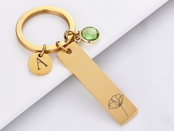 Custom Birthstone Keychain-personalized Birth Flower | Etsy